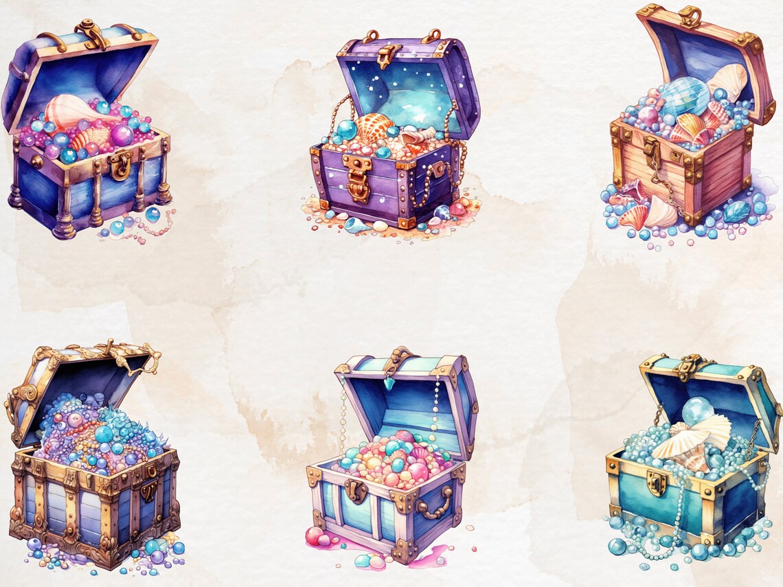 18 PNG Watercolor Treasure Chest Clipart Bundle, Pirate Clipart, Ocean ...