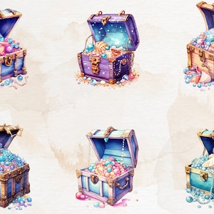 18 PNG Watercolor Treasure Chest Clipart Bundle, Pirate Clipart, Ocean ...