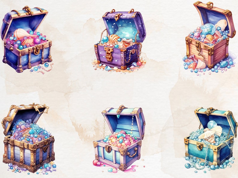 18 PNG Watercolor Treasure Chest Clipart Bundle, Pirate Clipart, Ocean ...