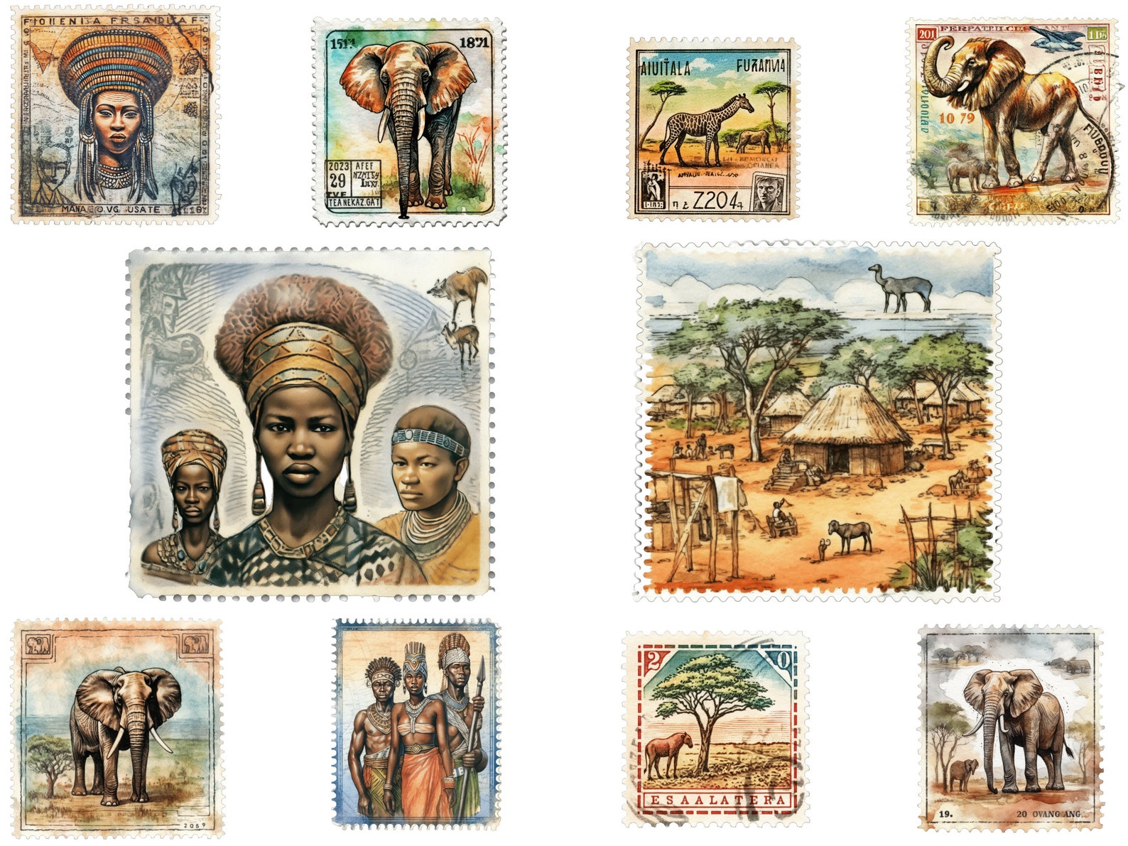 20 PNG Watercolor African Postage Stamps Clipart Faux Postage Stamps ...