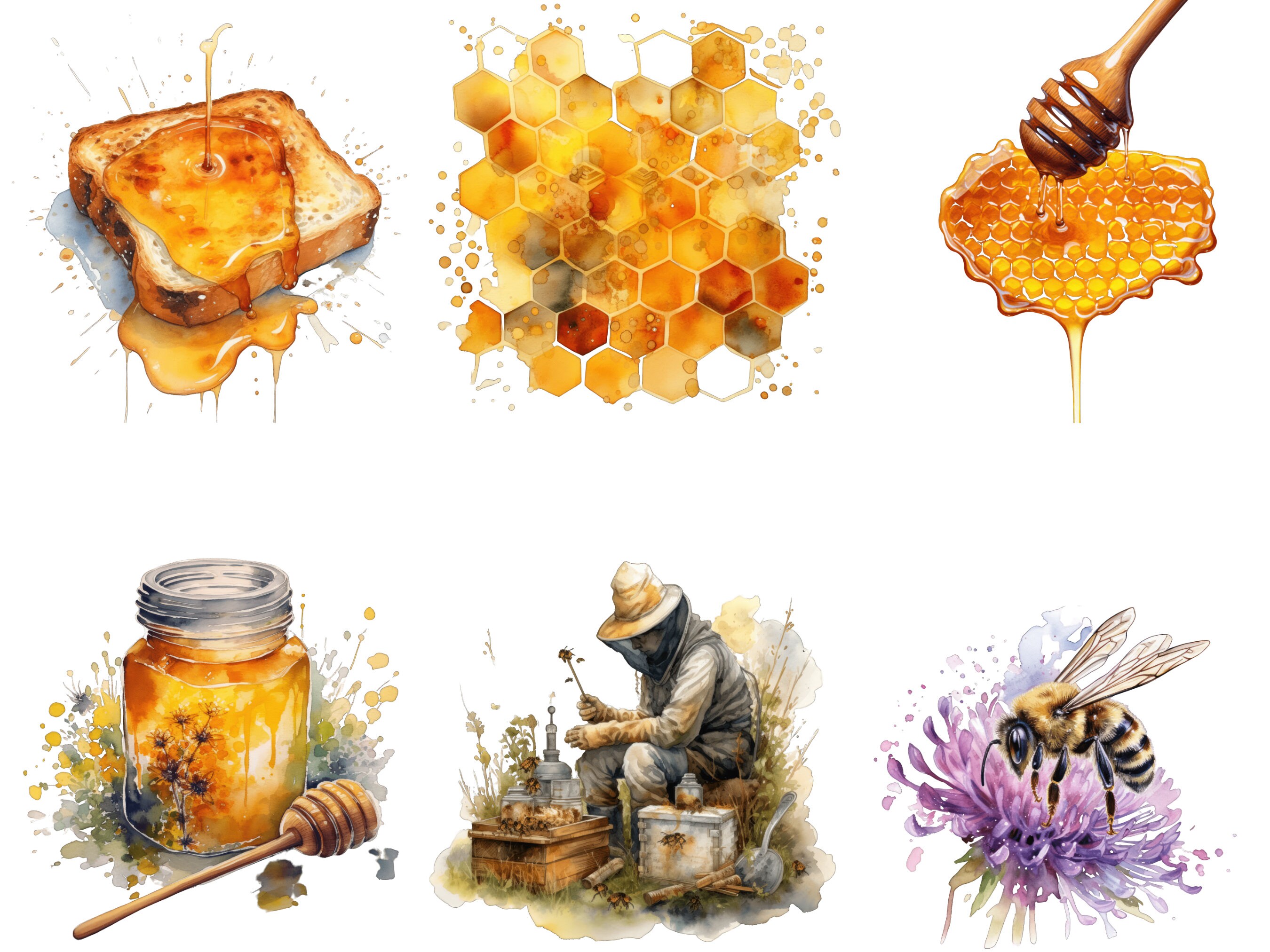 18 PNG Watercolor Honey Bee Clipart, Spring Garden Bee and Honey Drips ...