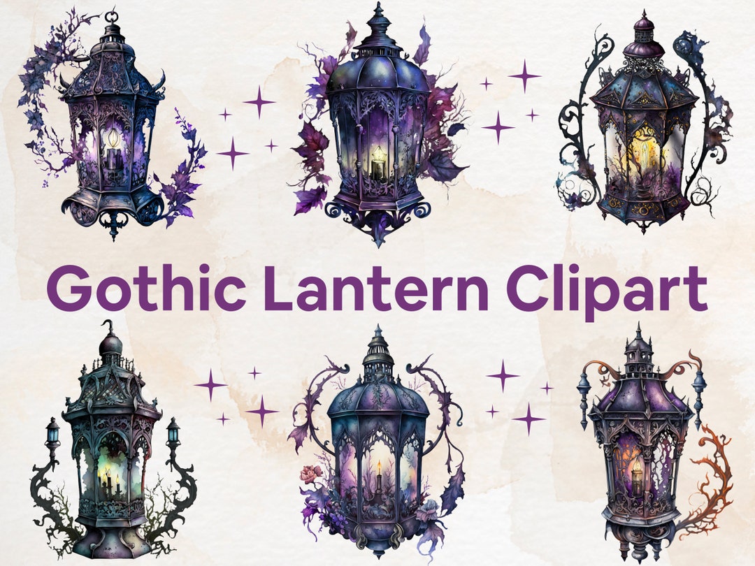 18 PNG Watercolor Gothic Lantern Clipart, Floral Lantern Clip Art, Dark ...
