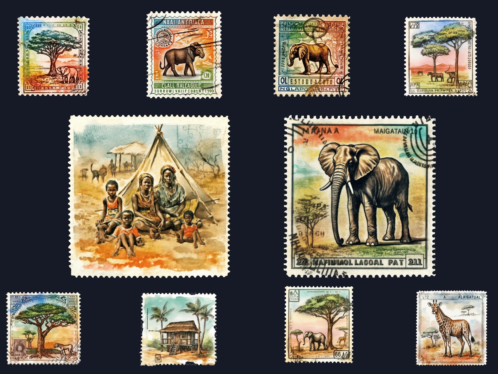 20 PNG Watercolor African Postage Stamps Clipart Faux Postage Stamps ...