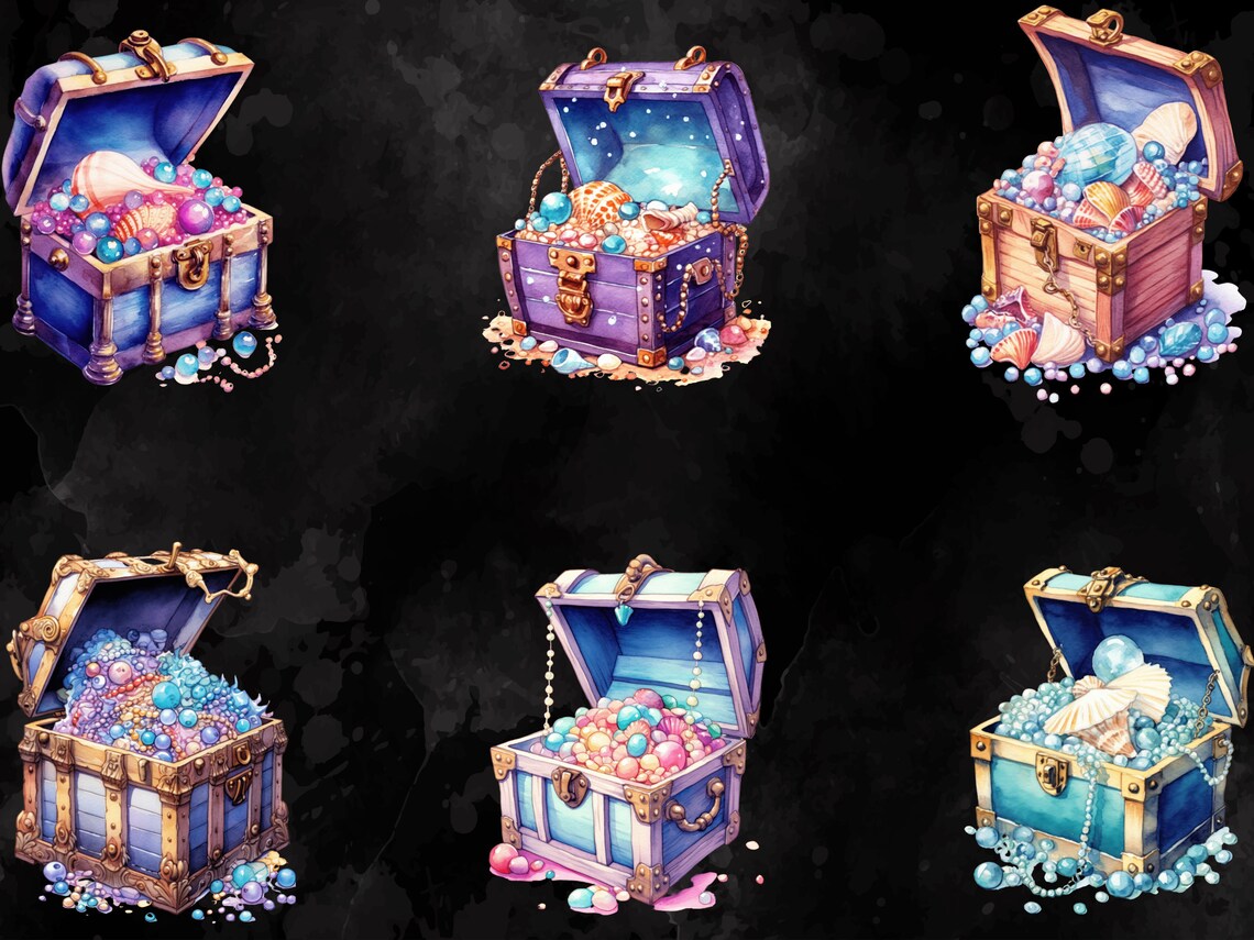 18 PNG Watercolor Treasure Chest Clipart Bundle, Pirate Clipart, Ocean ...
