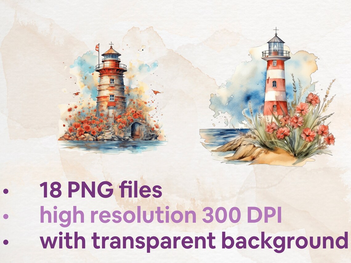 18 PNG Watercolor Lighthouses Clipart Floral Ocean Cute - Etsy