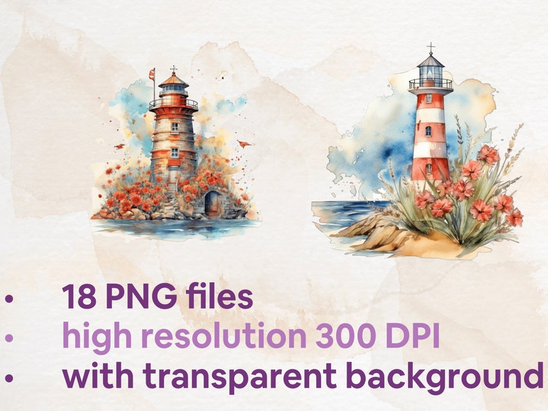 18 PNG Watercolor Lighthouses Clipart, Floral Ocean Cute Nautical Ocean ...
