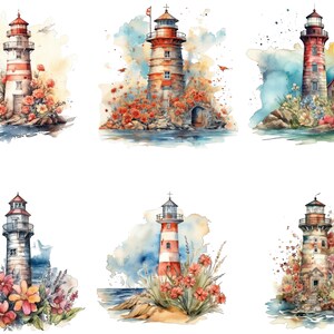 18 PNG Watercolor Lighthouses Clipart, Floral Ocean Cute Nautical Ocean ...