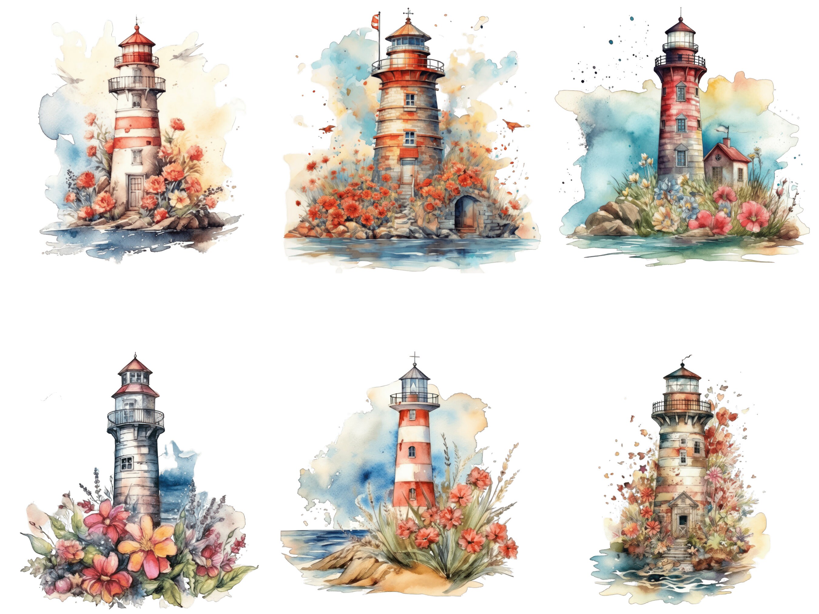 18 PNG Watercolor Lighthouses Clipart Floral Ocean Cute - Etsy