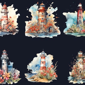 18 PNG Watercolor Lighthouses Clipart, Floral Ocean Cute Nautical Ocean ...
