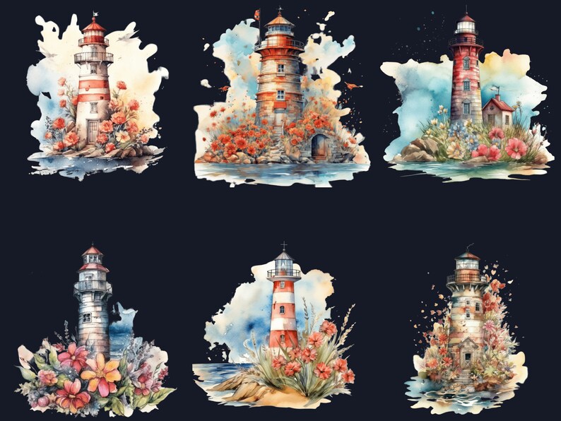 18 PNG Watercolor Lighthouses Clipart, Floral Ocean Cute Nautical Ocean ...