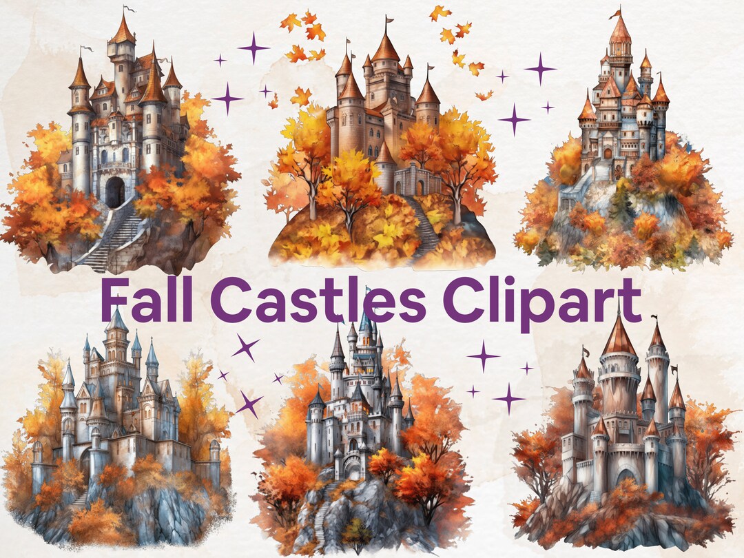 12 Fairytale Medieval Castles Fall Clipart Collection Watercolor Castle ...