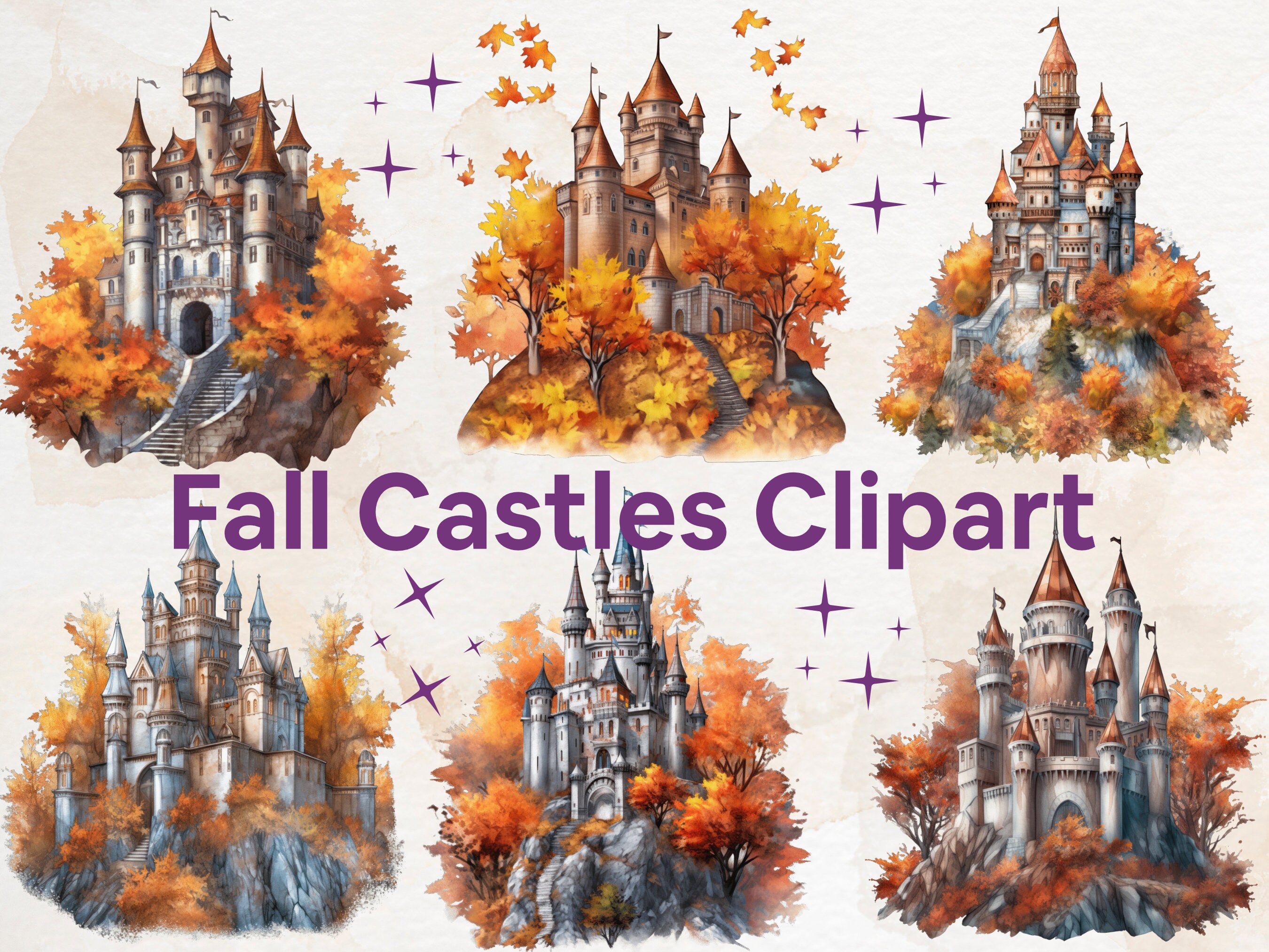 12 Fairytale Medieval Castles Fall Clipart Collection Watercolor Castle ...
