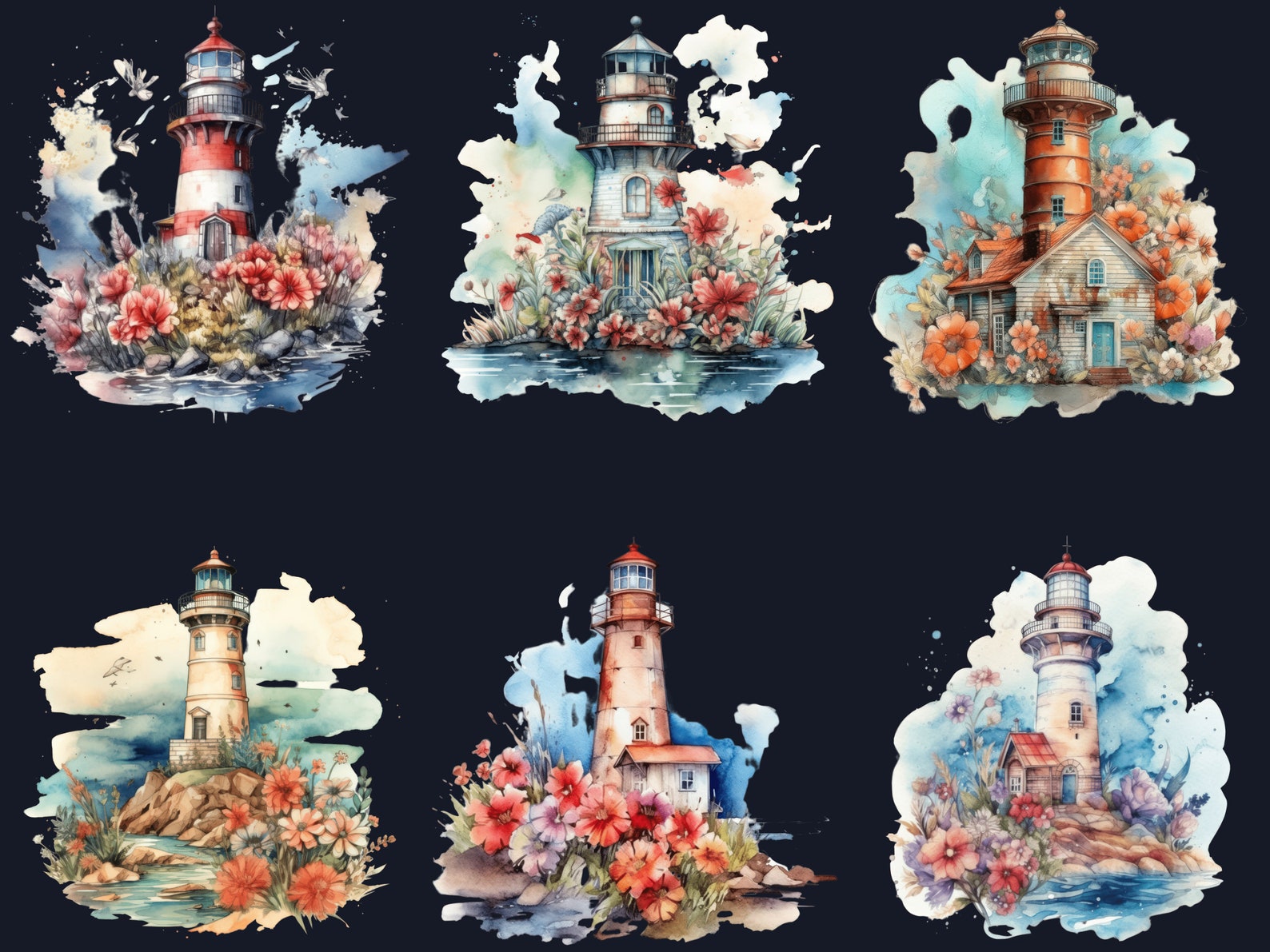 18 PNG Watercolor Lighthouses Clipart Floral Ocean Cute - Etsy