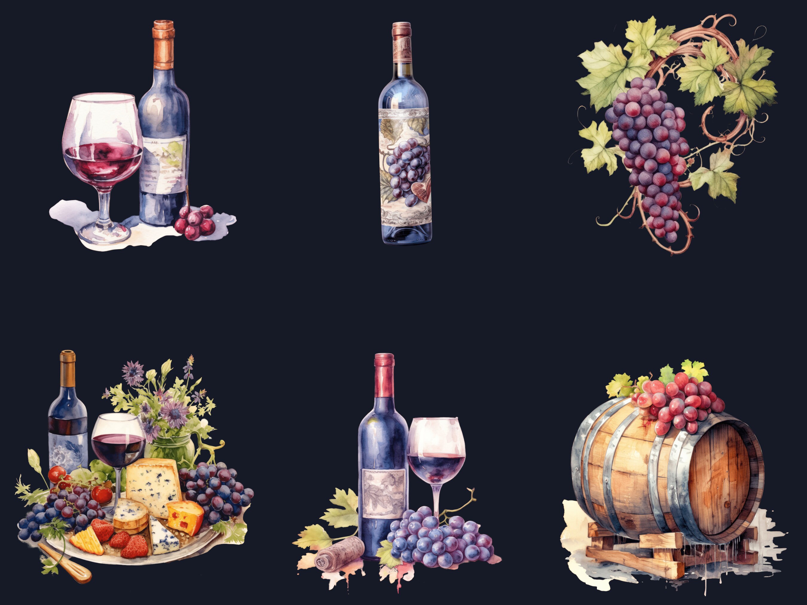 18 PNG Watercolor Wine Clipart - Digital Png Wine Grapes, Red and White ...