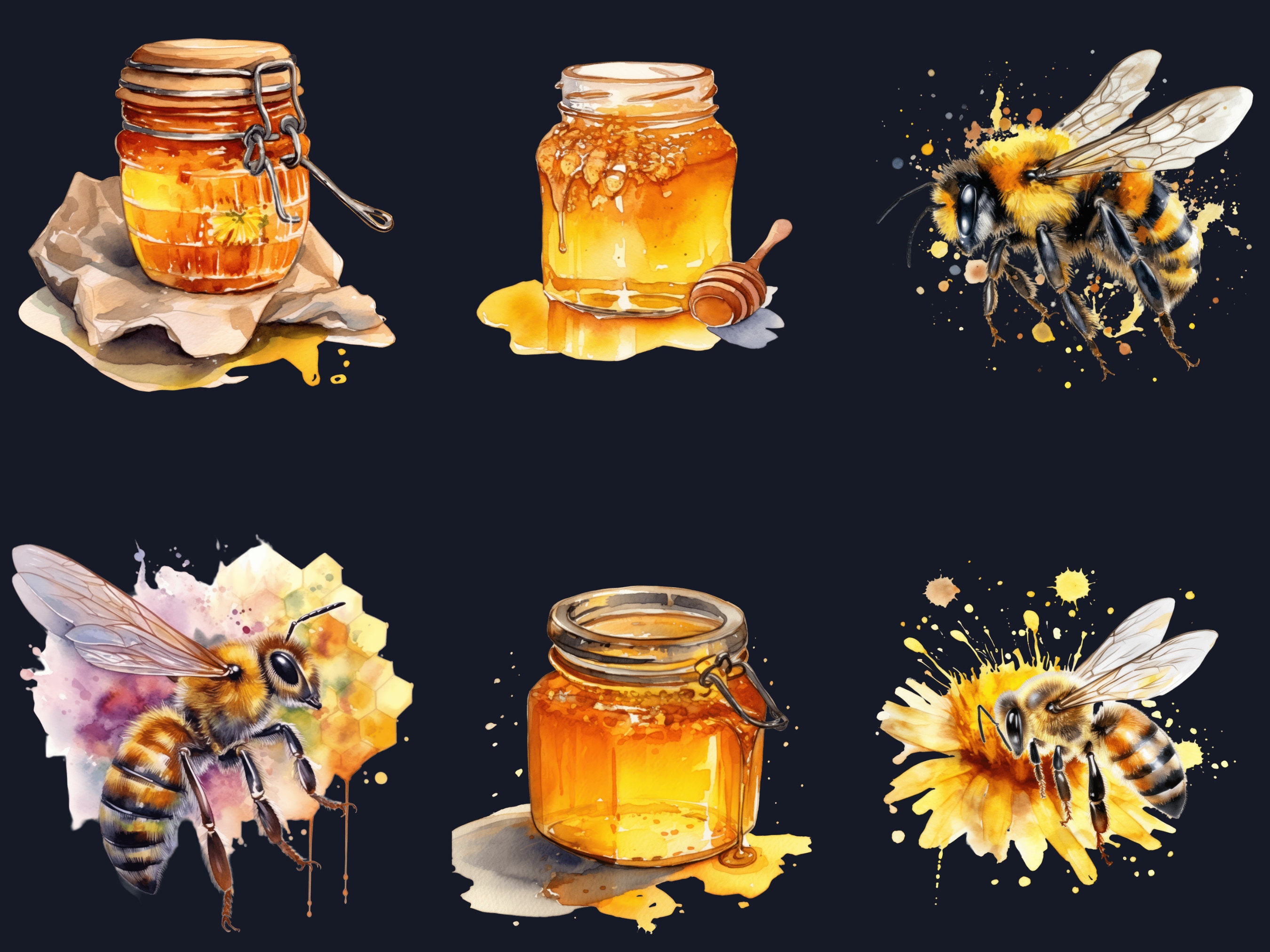 18 PNG Watercolor Honey Bee Clipart, Spring Garden Bee and Honey Drips ...