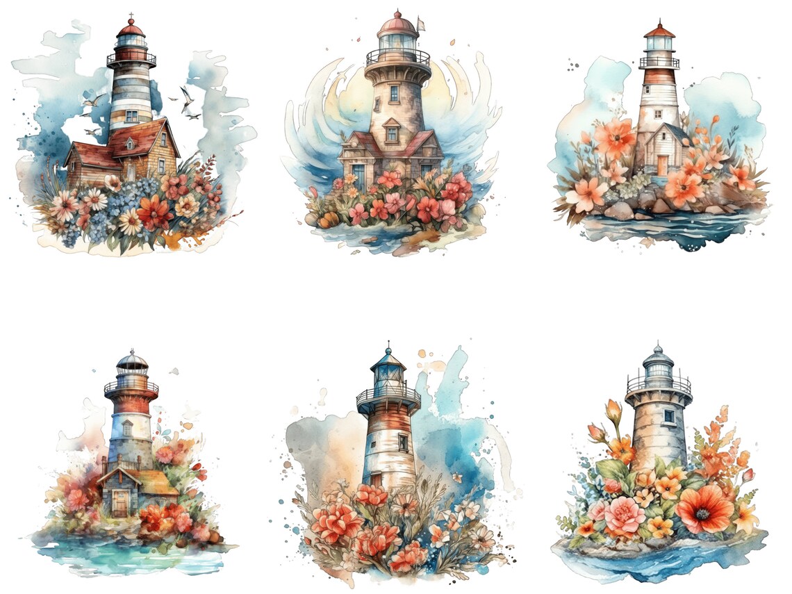 18 PNG Watercolor Lighthouses Clipart Floral Ocean Cute - Etsy
