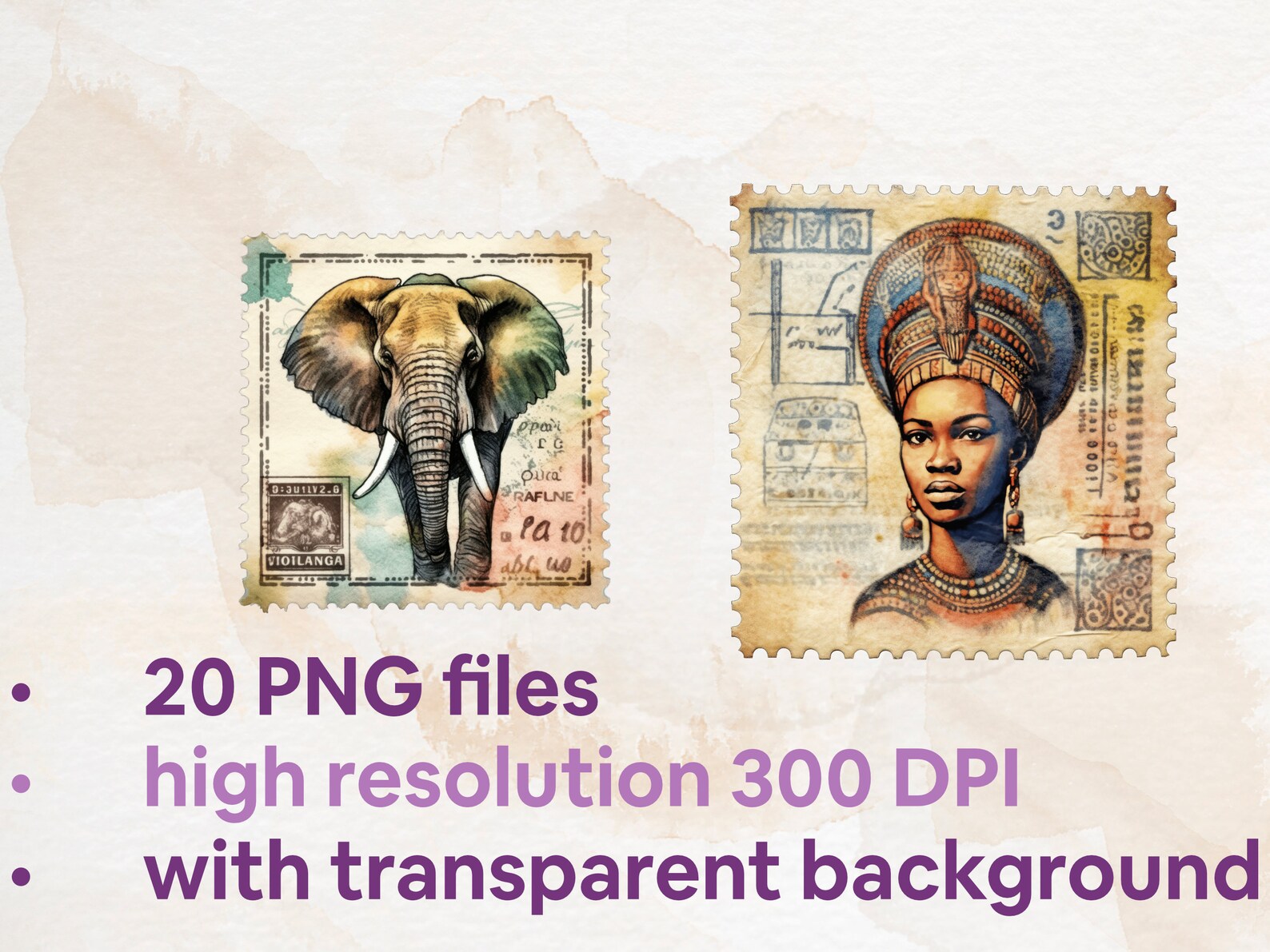 20 PNG Watercolor African Postage Stamps Clipart Faux Postage Stamps ...