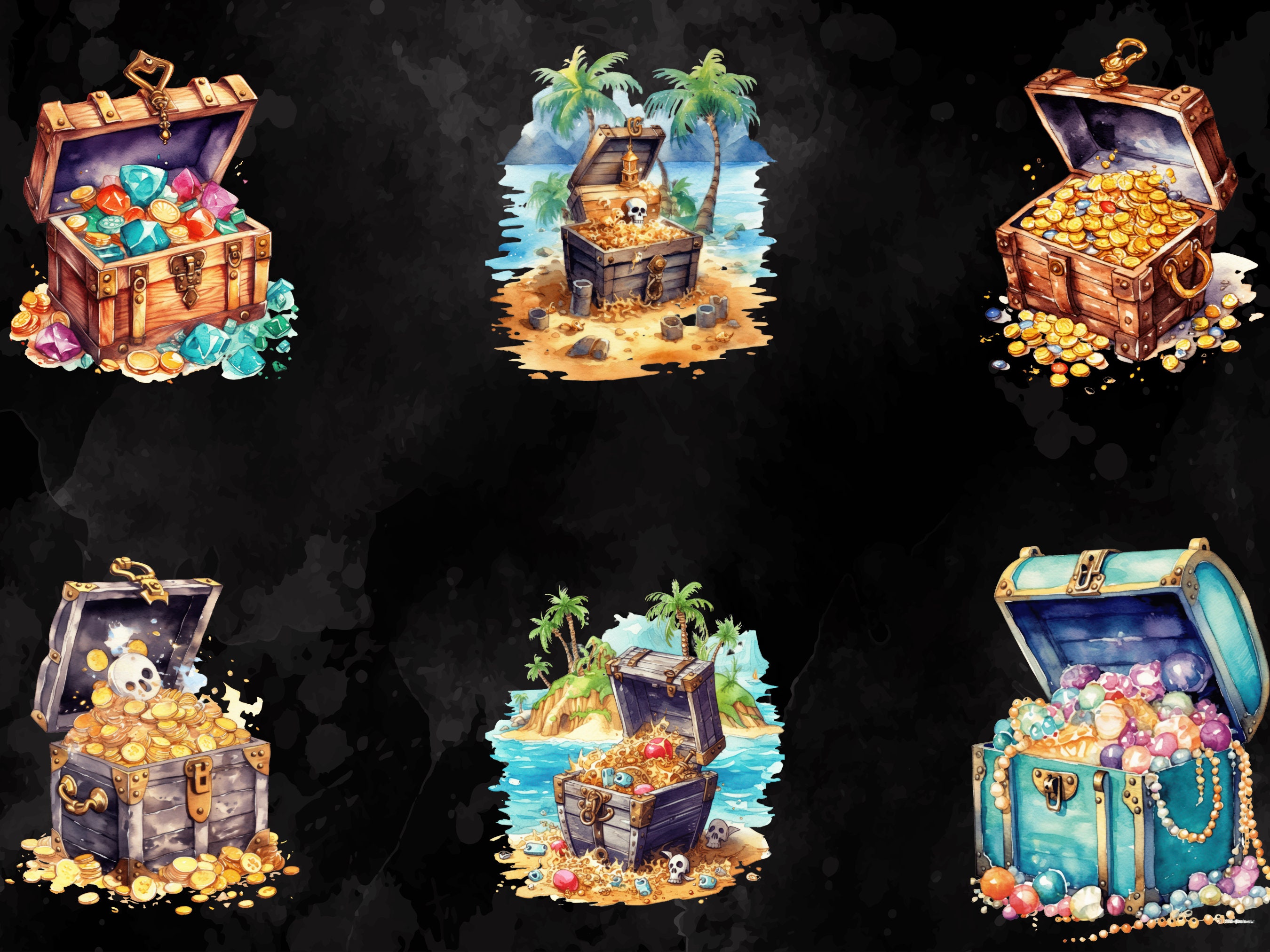 18 PNG Watercolor Treasure Chest Clipart Bundle, Pirate Clipart, Ocean ...