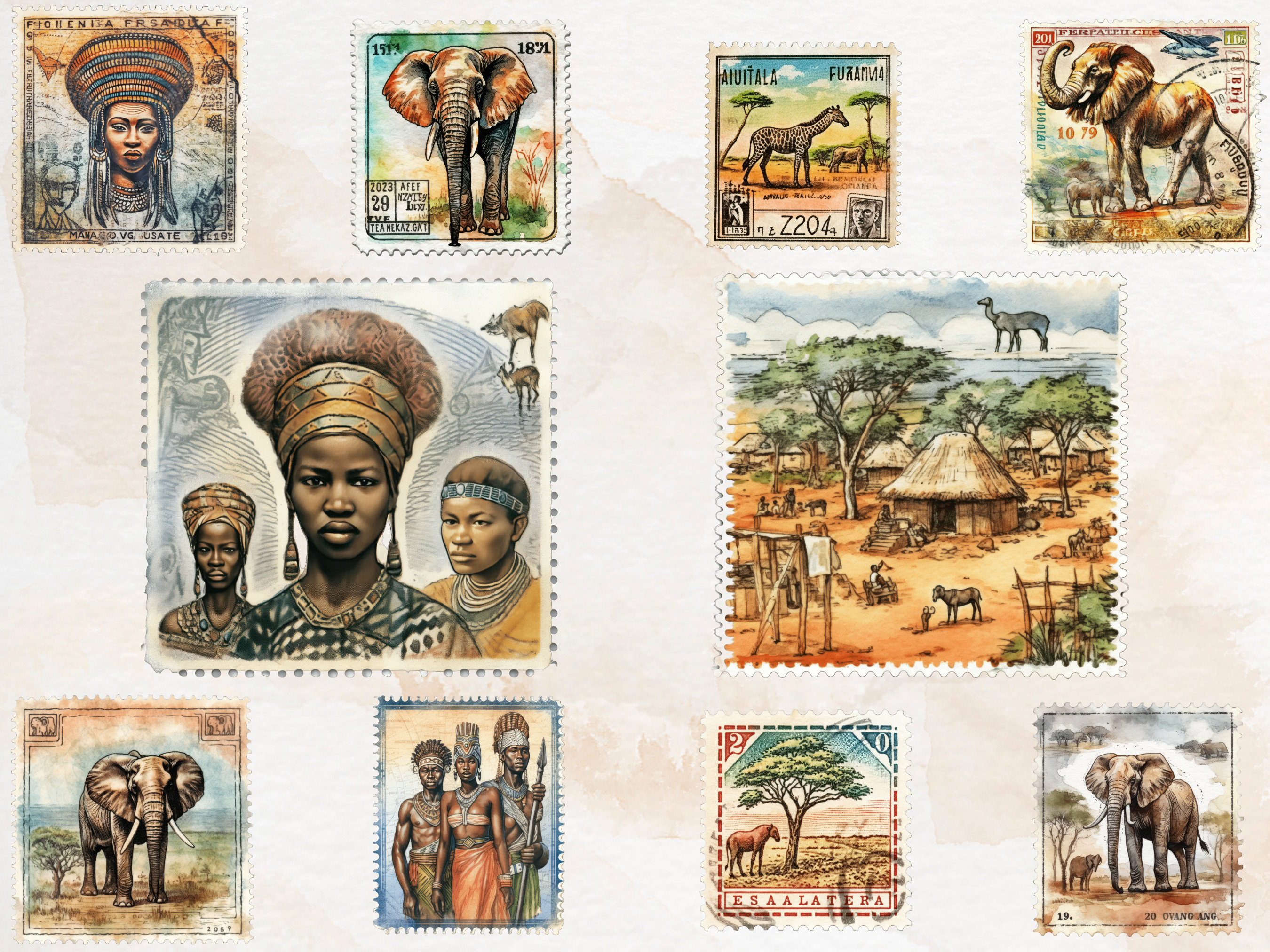 20 PNG Watercolor African Postage Stamps Clipart Faux Postage Stamps ...
