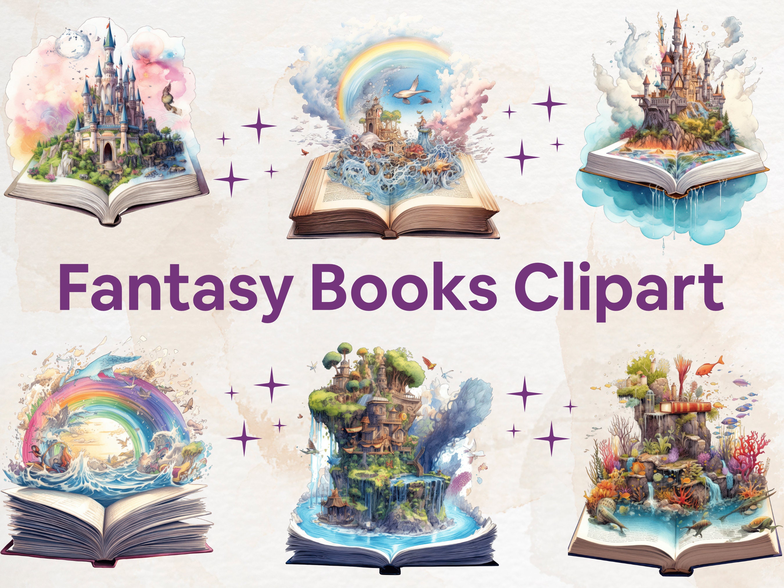 18 PNG Watercolor Fantasy Books Clipart, Open Book Clip Art Book Bundle ...
