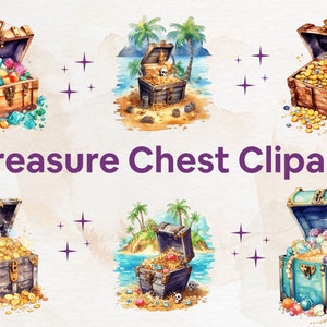 18 PNG Watercolor Treasure Chest Clipart Bundle, Pirate Clipart, Ocean ...