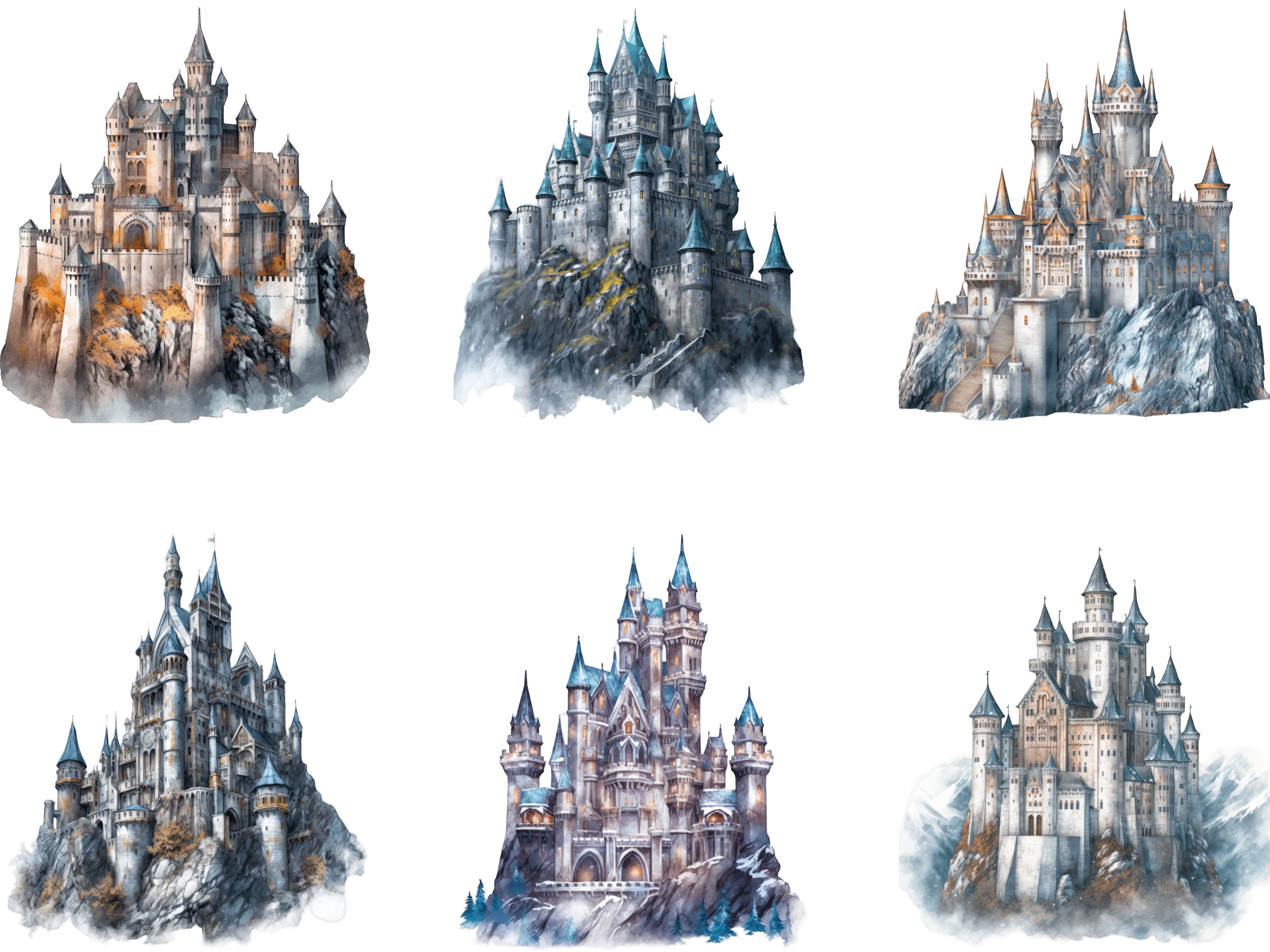 18 Fairytale Medieval Castles Clipart Collection Watercolor Castle ...