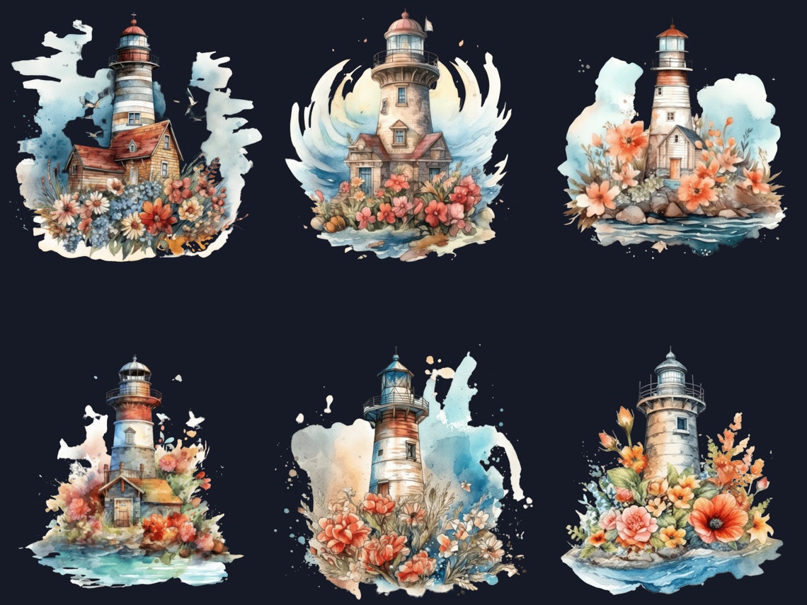 18 PNG Watercolor Lighthouses Clipart Floral Ocean Cute - Etsy