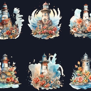 18 PNG Watercolor Lighthouses Clipart, Floral Ocean Cute Nautical Ocean ...