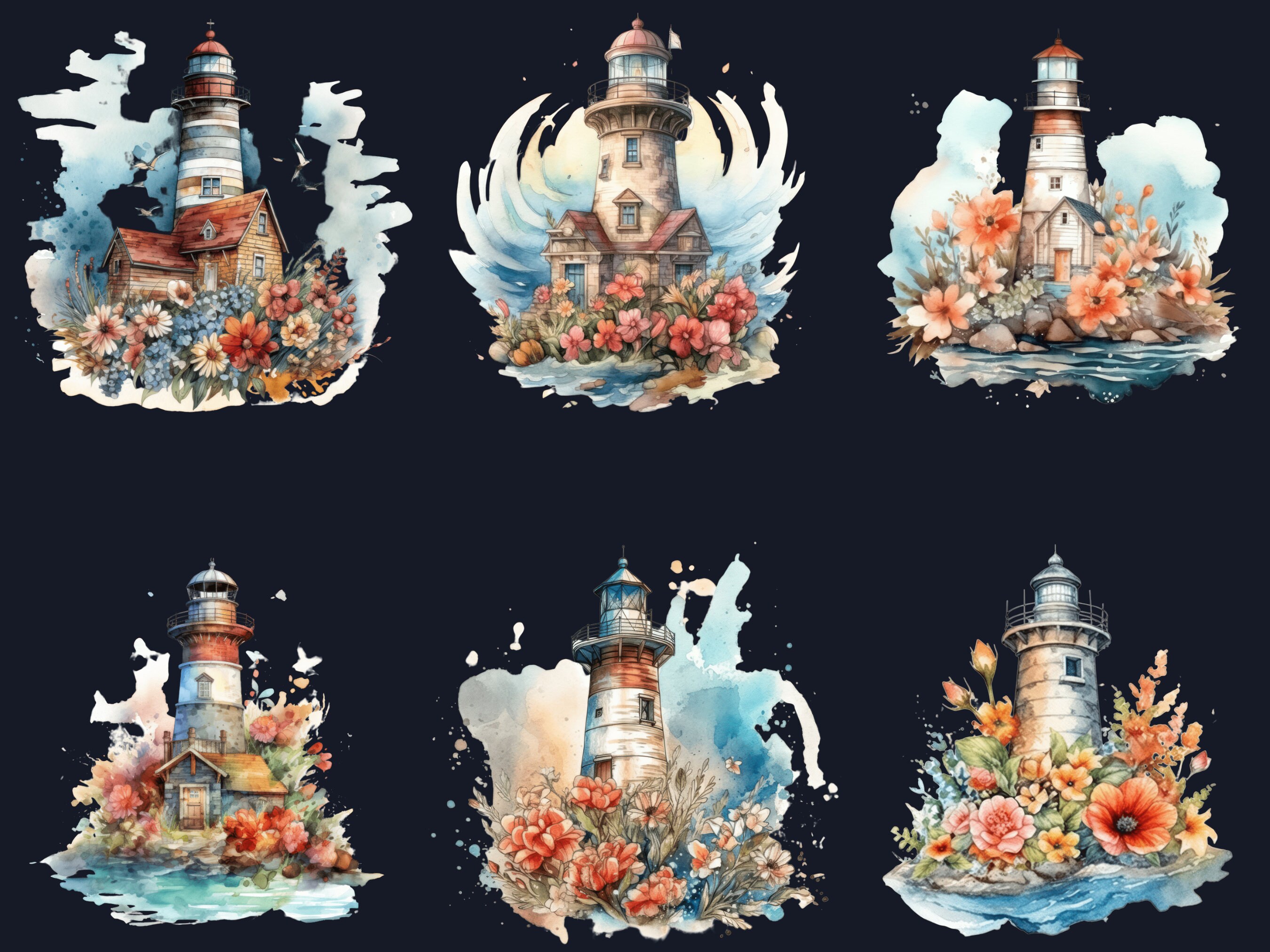 18 PNG Watercolor Lighthouses Clipart Floral Ocean Cute - Etsy