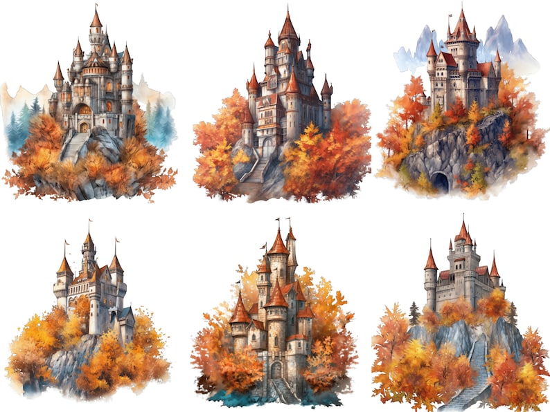 12 Fairytale Medieval Castles Fall Clipart Collection Watercolor Castle ...