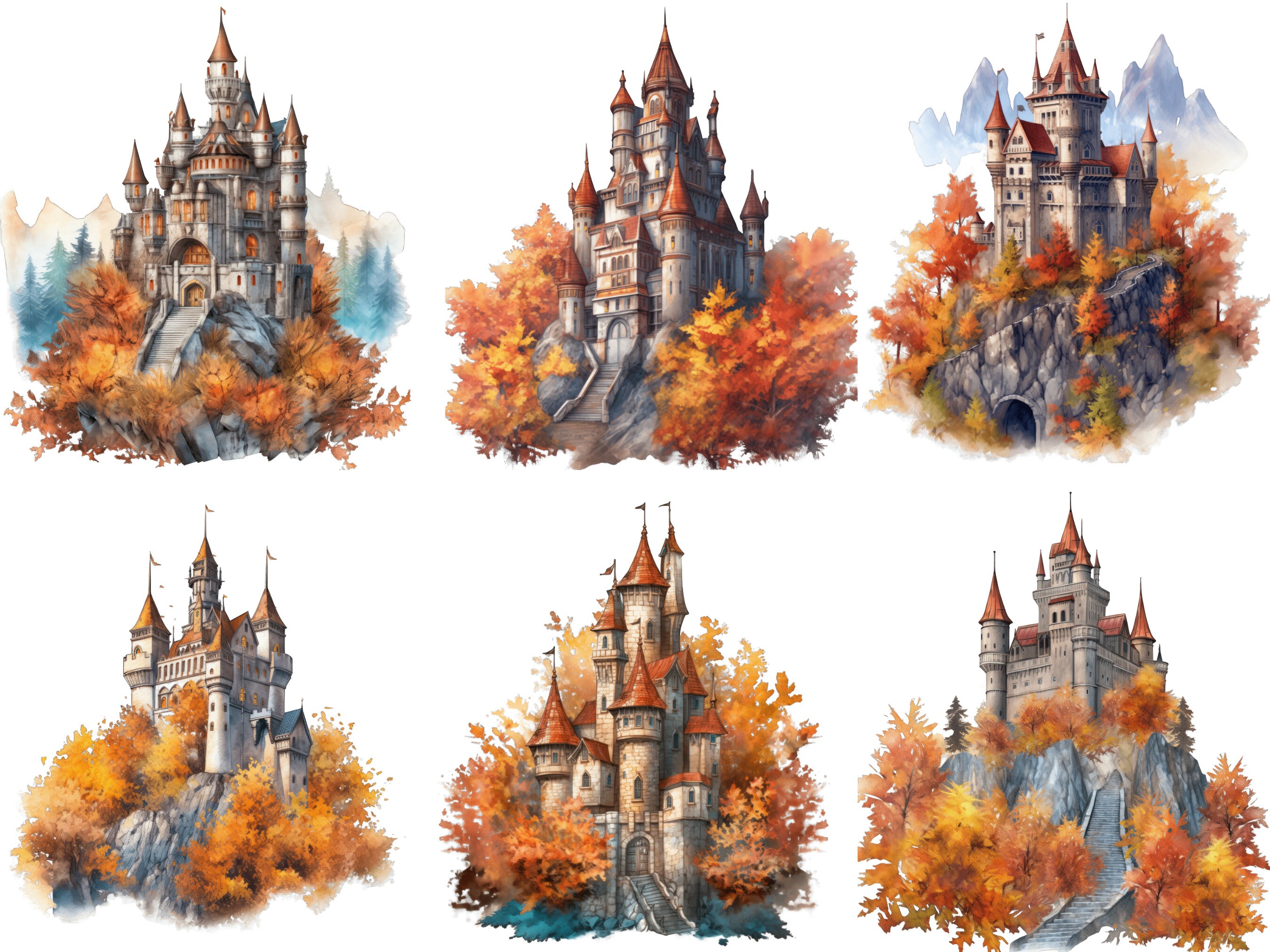 12 Fairytale Medieval Castles Fall Clipart Collection Watercolor Castle ...