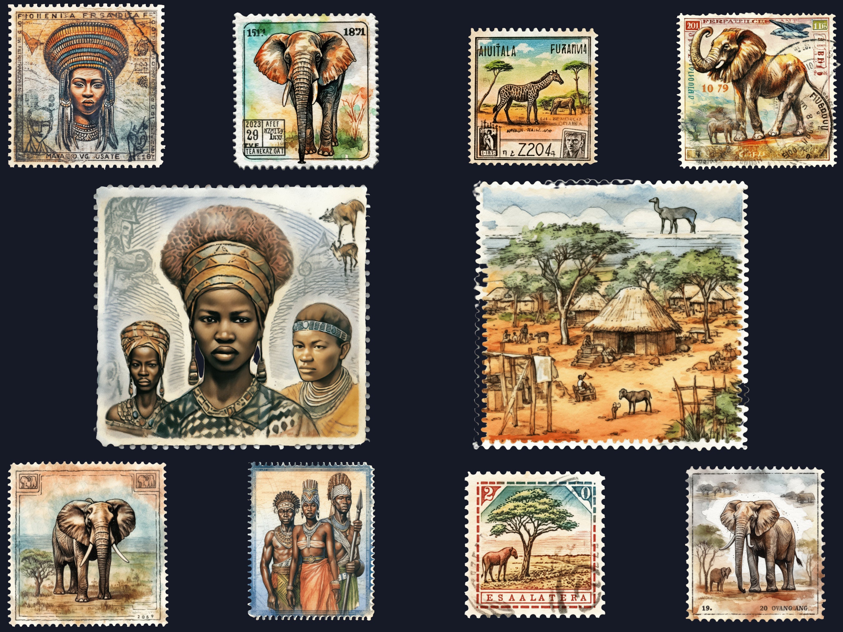 20 PNG Watercolor African Postage Stamps Clipart Faux Postage Stamps ...