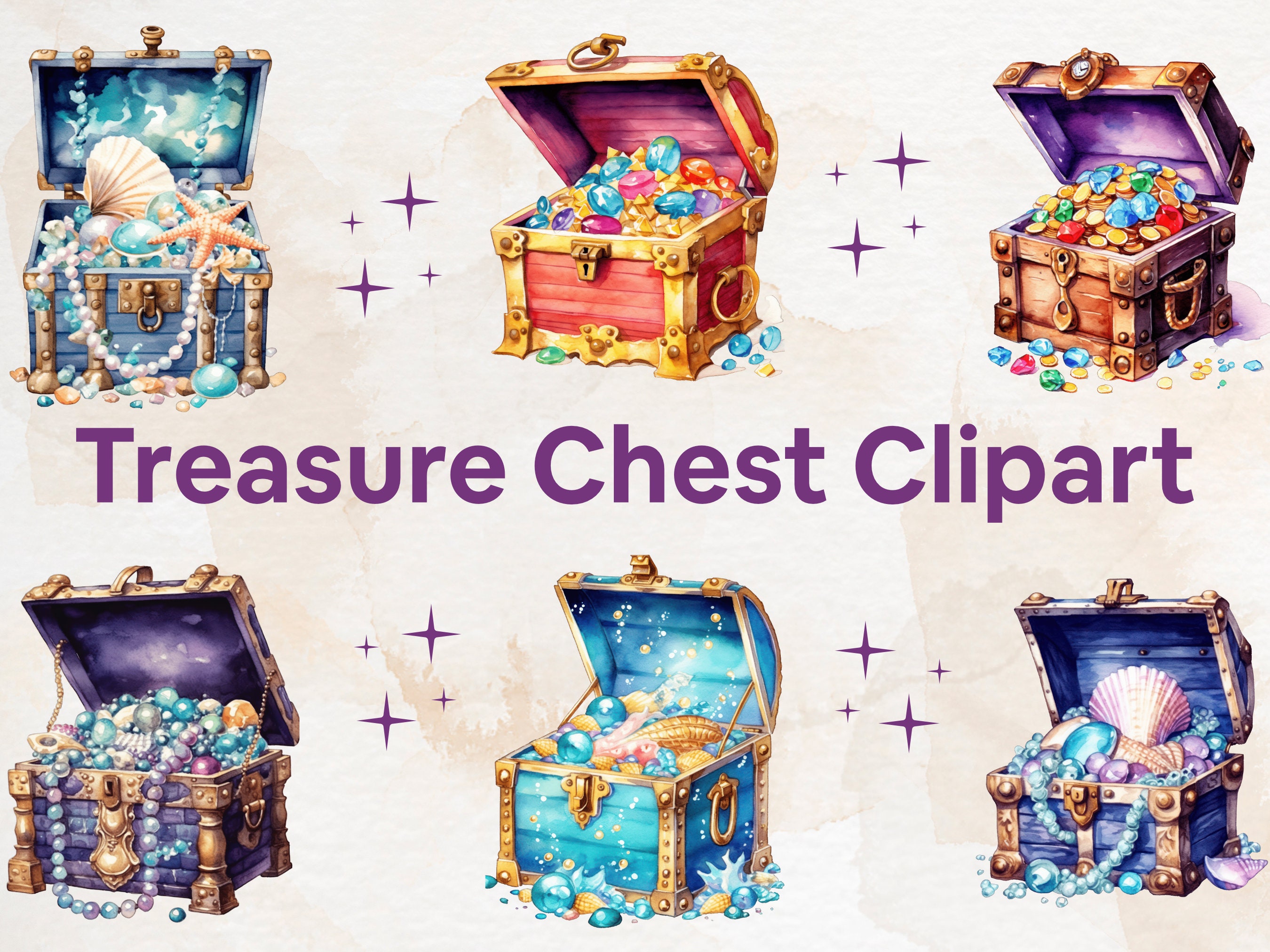 18 PNG Watercolor Treasure Chest Clipart Bundle, Pirate Clipart, Ocean ...
