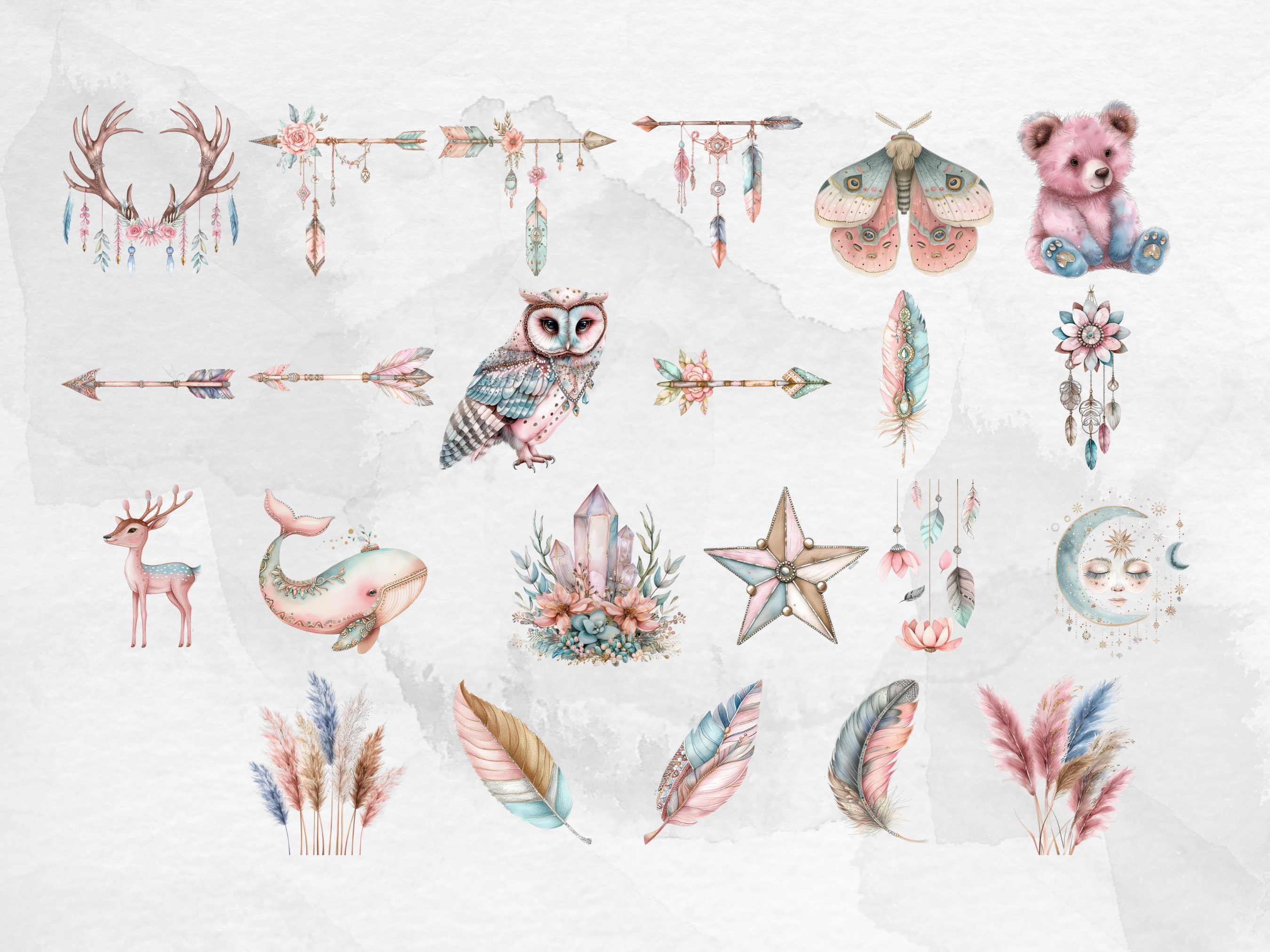 53 PNG Watercolor Boho Clipart Bohemian PNG, Boho Rainbow Pampas Gras ...