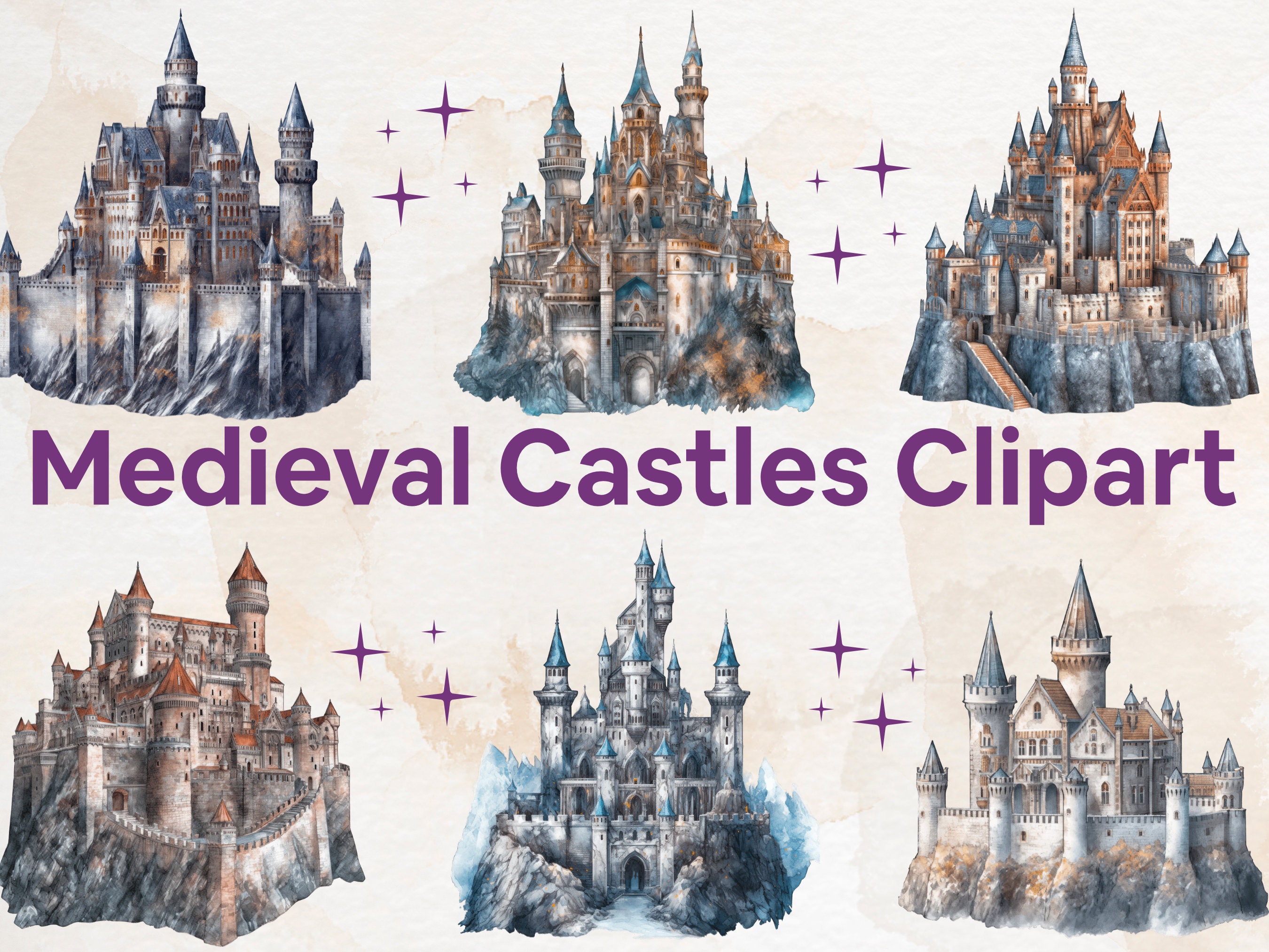 16 Fairytale Medieval Castles Clipart Collection Watercolor Castle ...