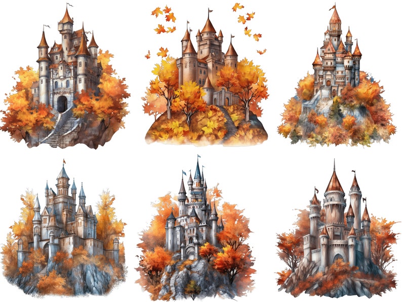 12 Fairytale Medieval Castles Fall Clipart Collection Watercolor Castle ...