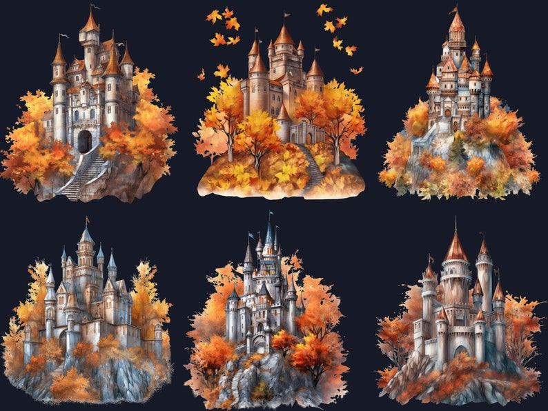 12 Fairytale Medieval Castles Fall Clipart Collection Watercolor Castle ...