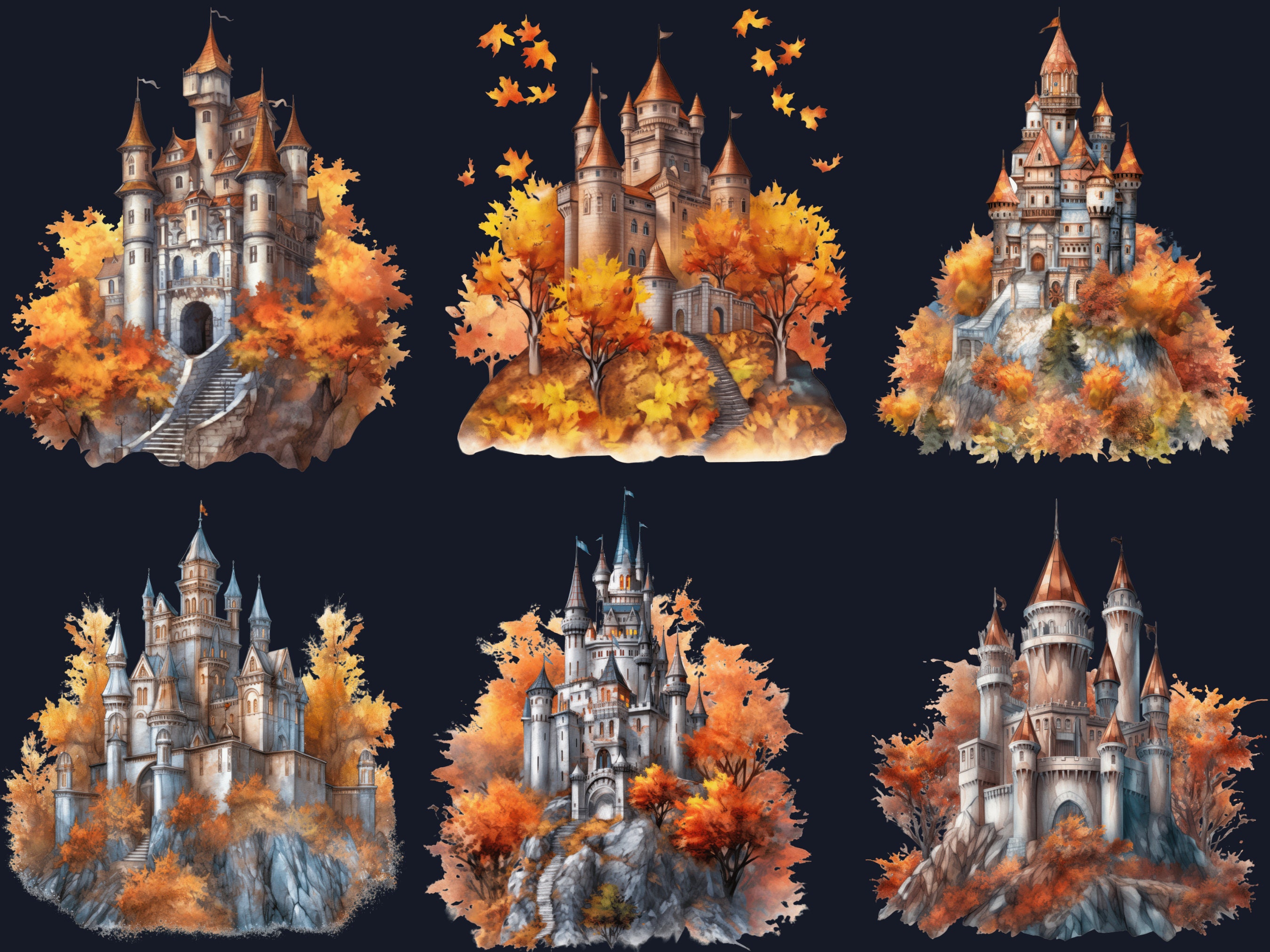 12 Fairytale Medieval Castles Fall Clipart Collection Watercolor Castle ...