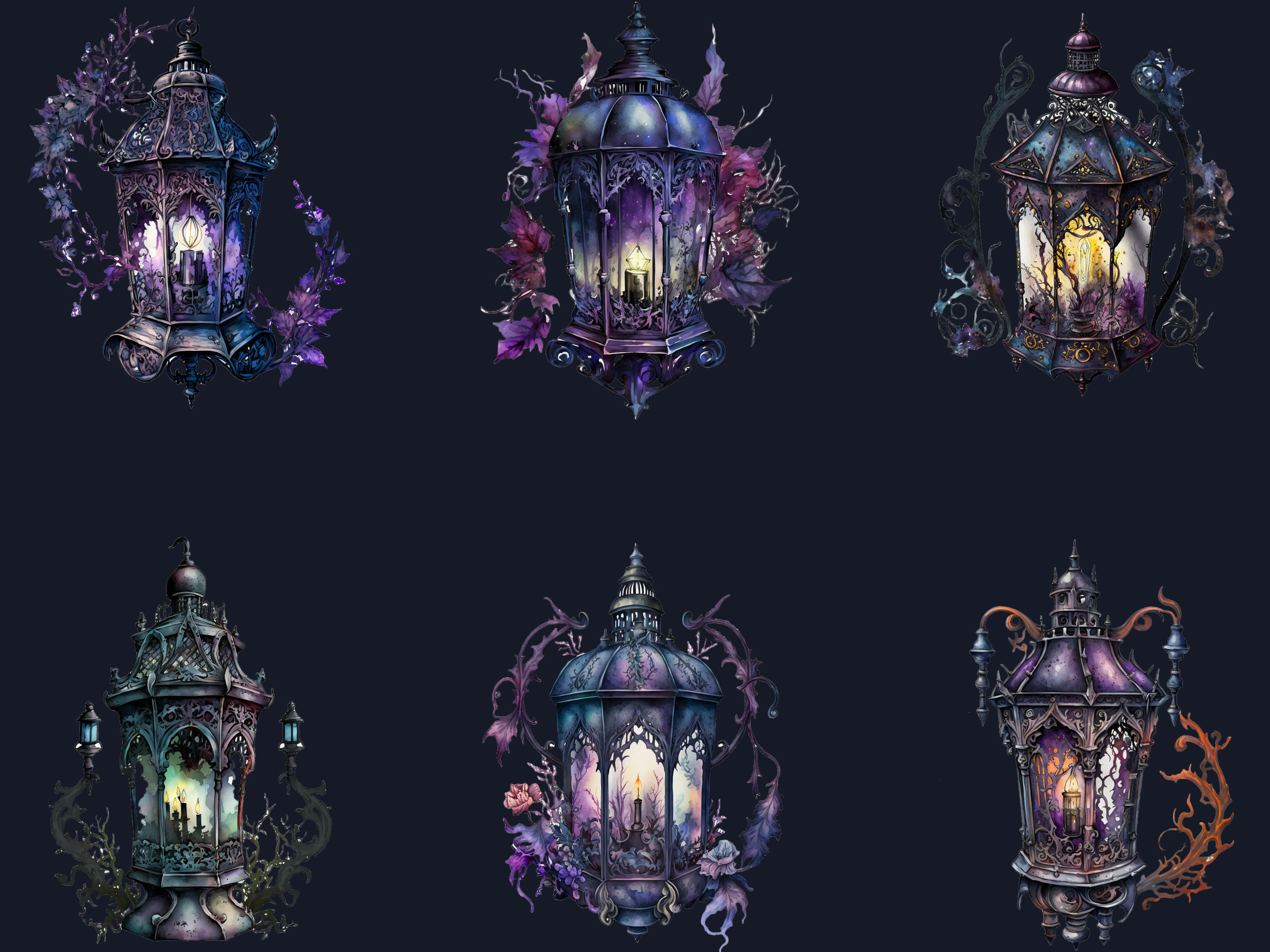 18 PNG Watercolor Gothic Lantern Clipart, Floral Lantern Clip Art, Dark ...