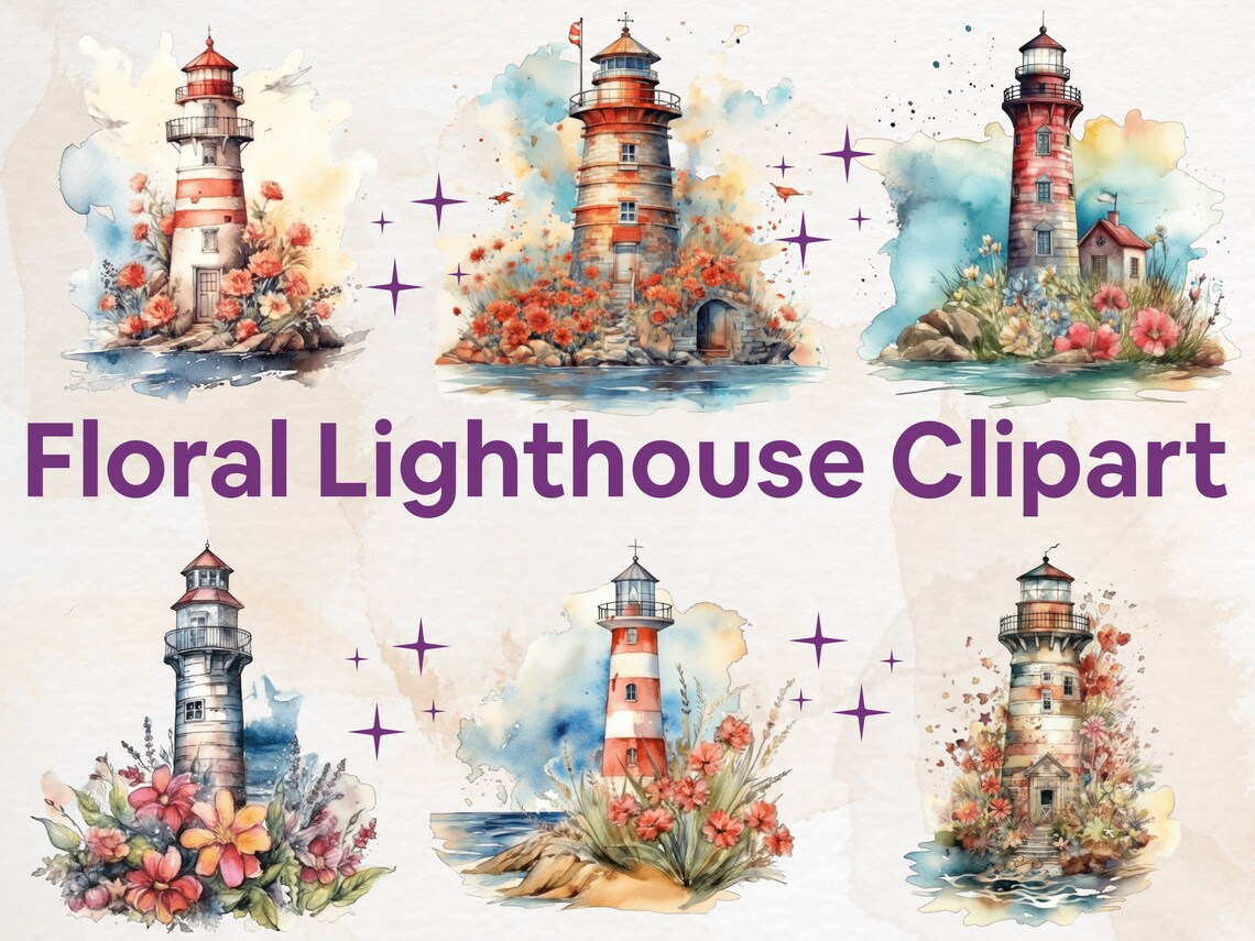 18 PNG Watercolor Lighthouses Clipart Floral Ocean Cute - Etsy