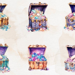 18 PNG Watercolor Treasure Chest Clipart Bundle, Pirate Clipart, Ocean ...