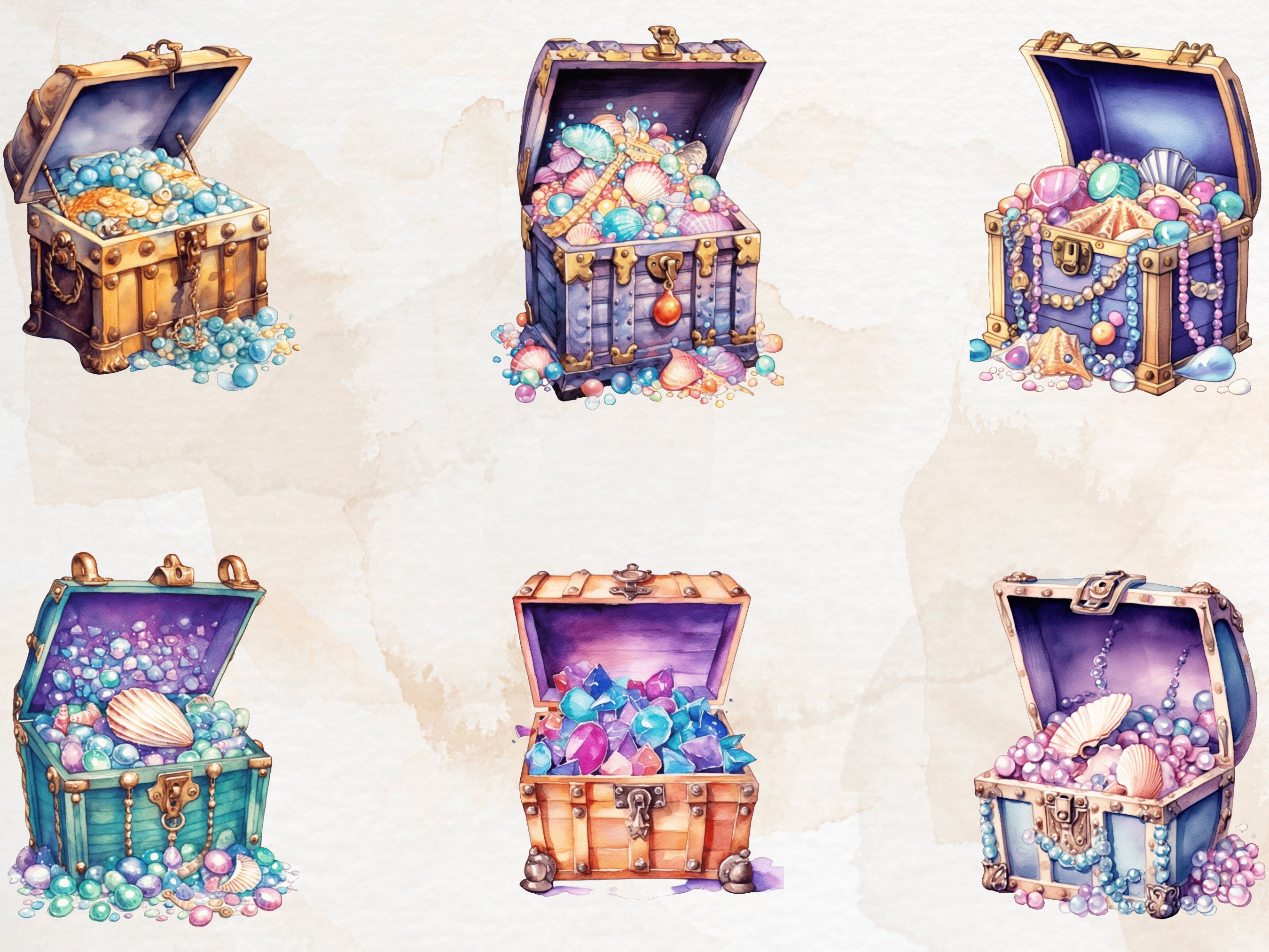 18 PNG Watercolor Treasure Chest Clipart Bundle, Pirate Clipart, Ocean ...