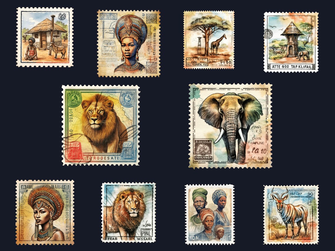 20 PNG Watercolor African Postage Stamps Clipart Faux Postage Stamps ...