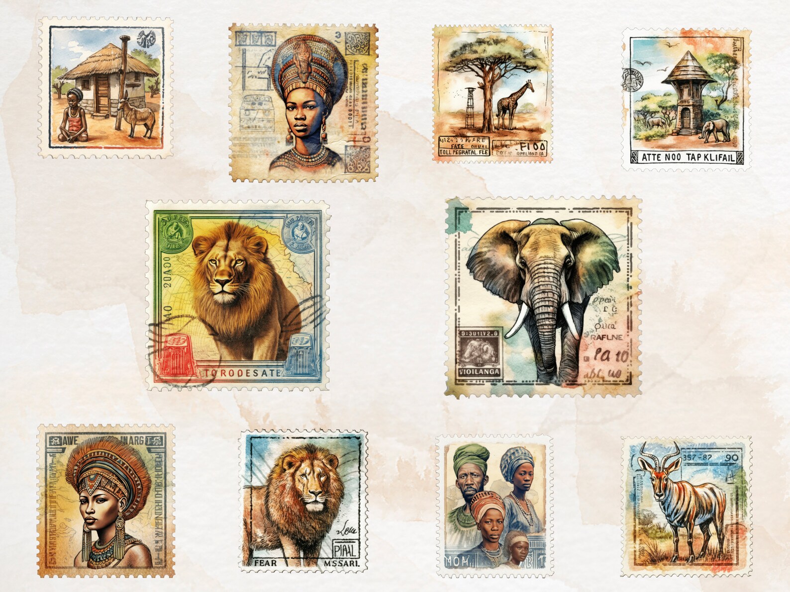 20 PNG Watercolor African Postage Stamps Clipart Faux Postage Stamps ...