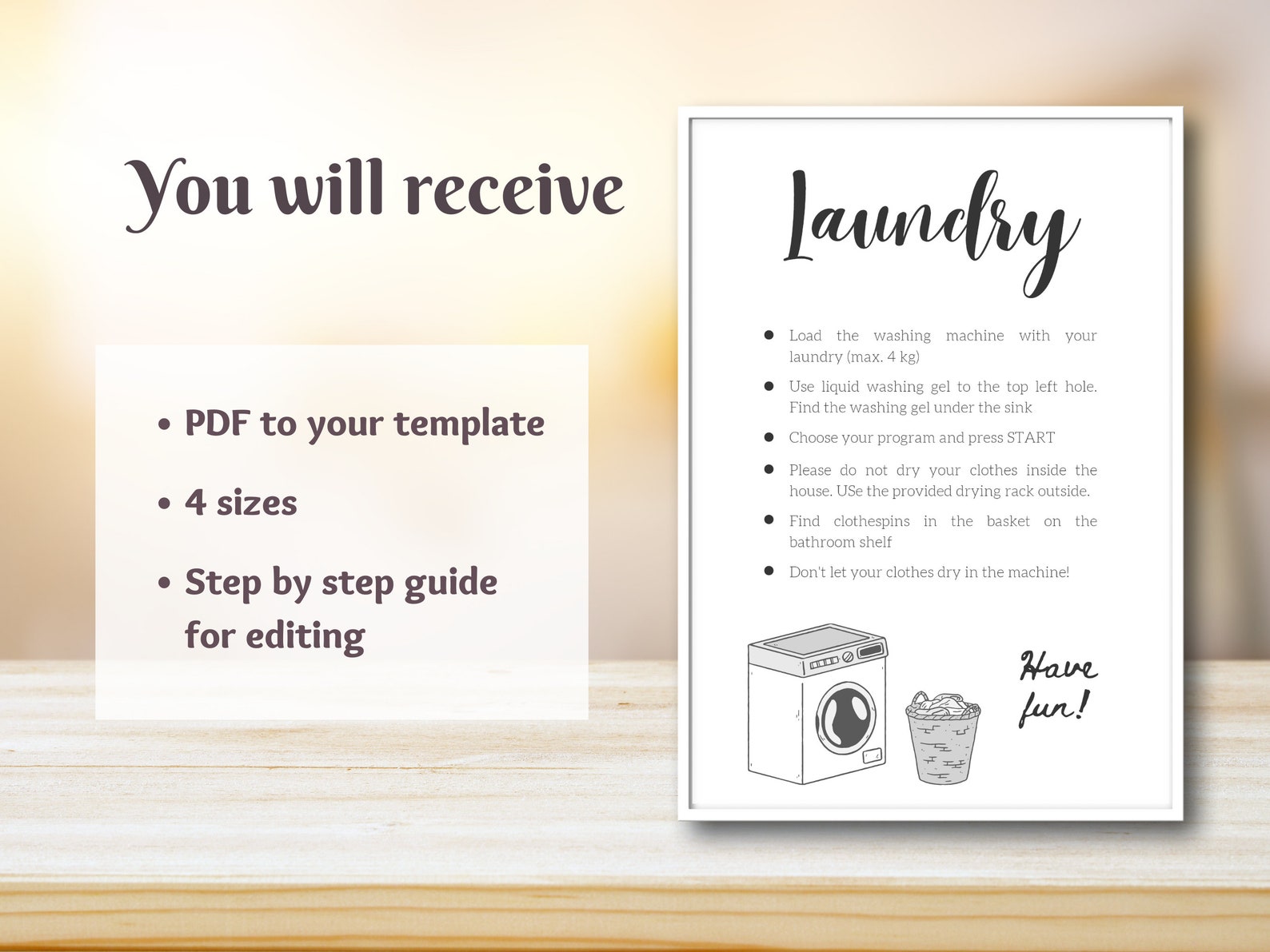 Editable Laundry Room Sign, Washing Machine Instructions, Printable ...