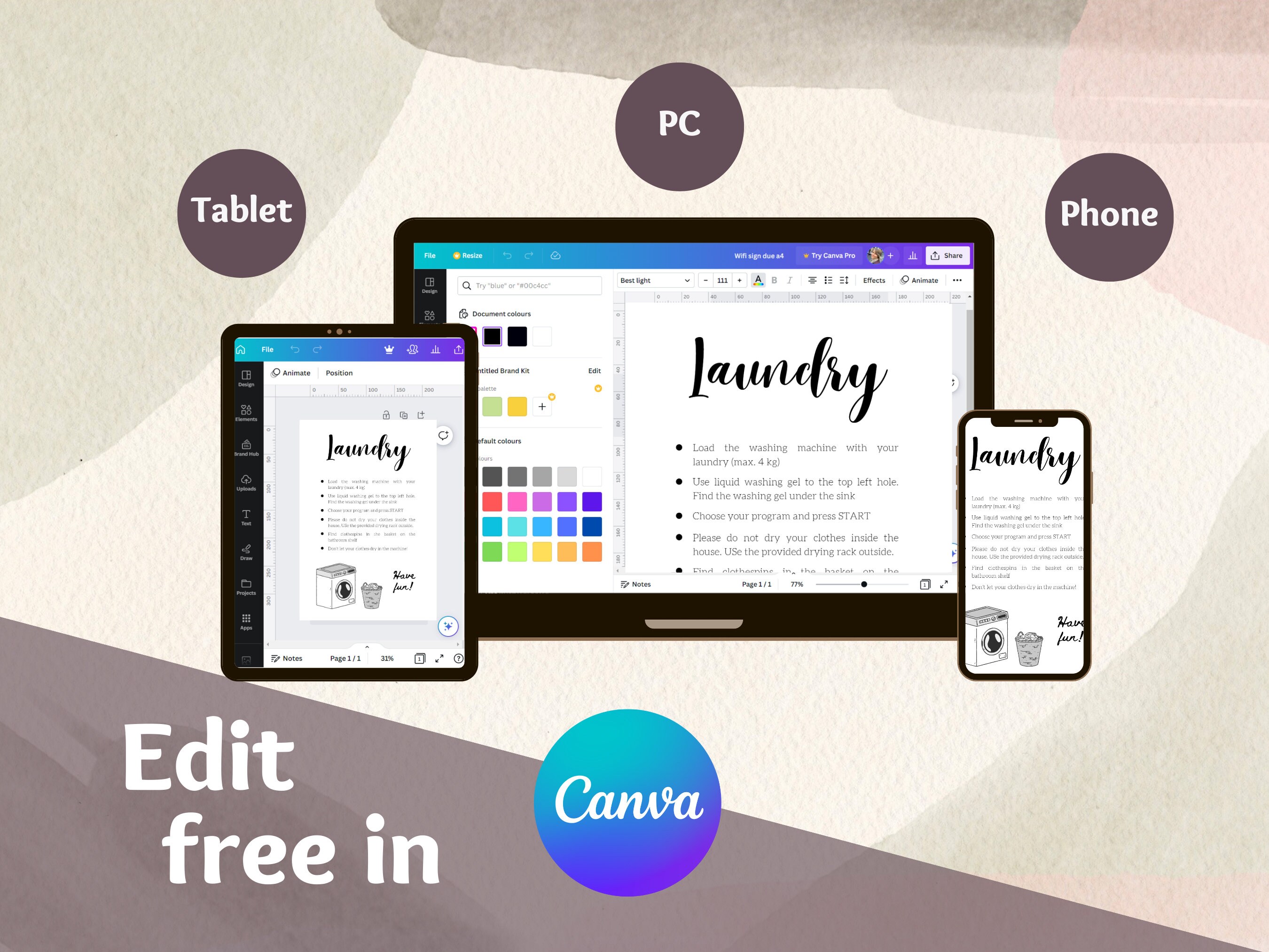 Editable Laundry Room Sign, Washing Machine Instructions, Printable ...