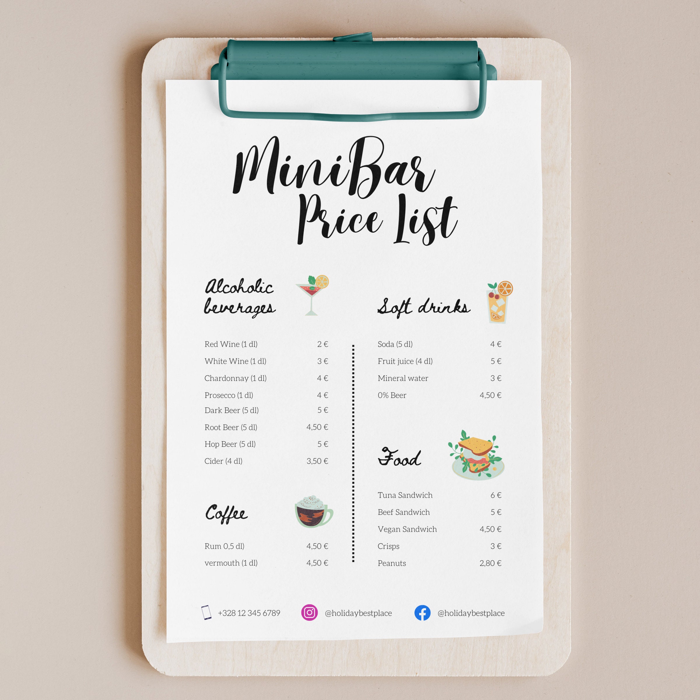 Minibar Pricelist, Printable Price Sheet, Custom One-page Menu Card ...