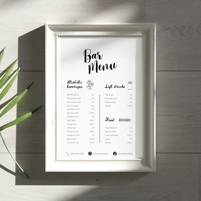 Bar Menu Editable Price Sheet Custom One-page Menu Card - Etsy