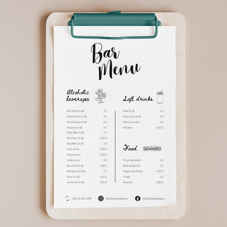 Bar Menu Editable Price Sheet Custom One-page Menu Card - Etsy