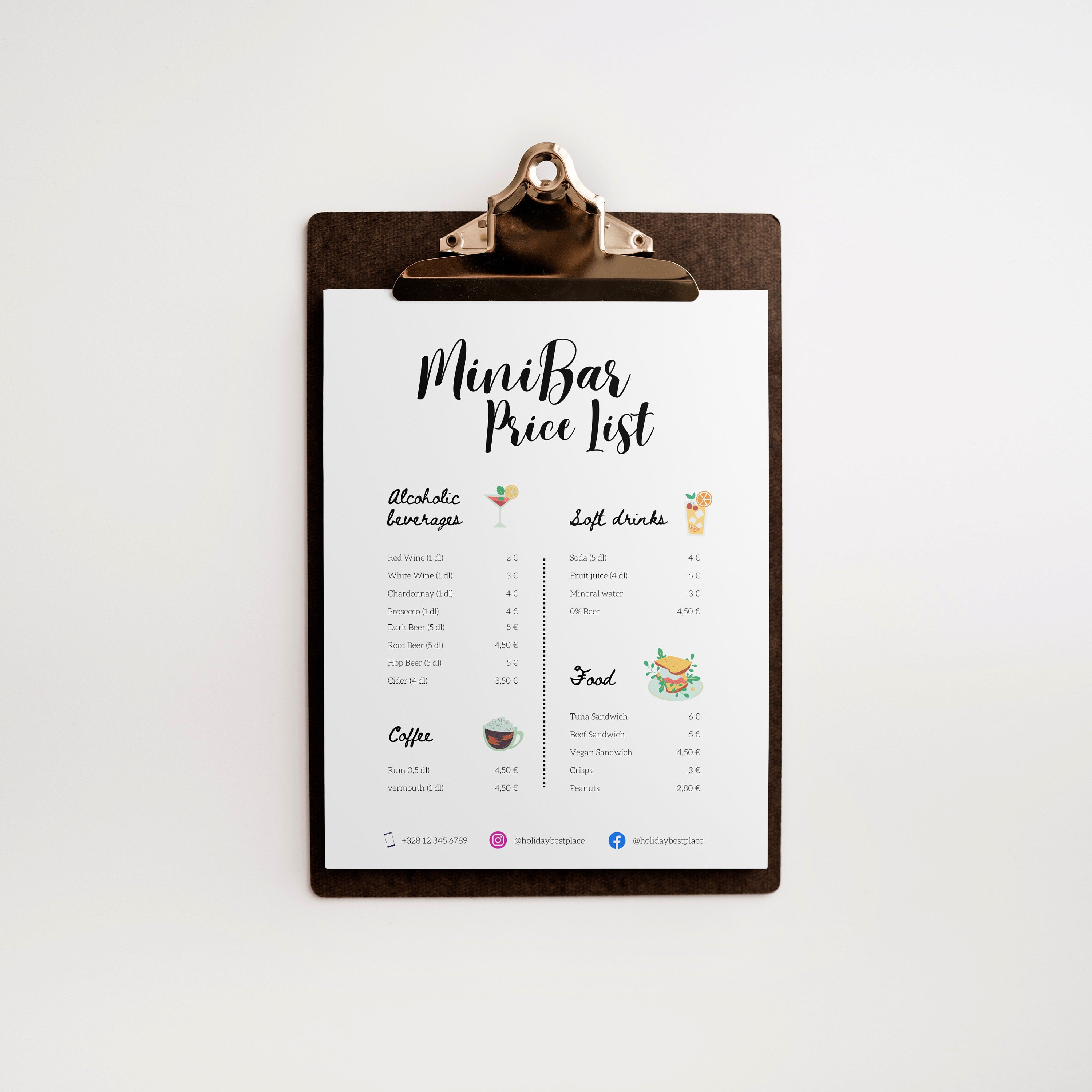 Minibar Pricelist, Printable Price Sheet, Custom One-page Menu Card ...
